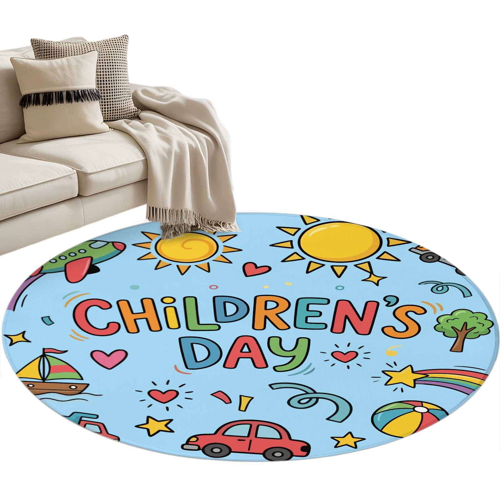 Blue Children's Day Round Rug 3.3ft Washable Circle Entryway Rugs Non ...