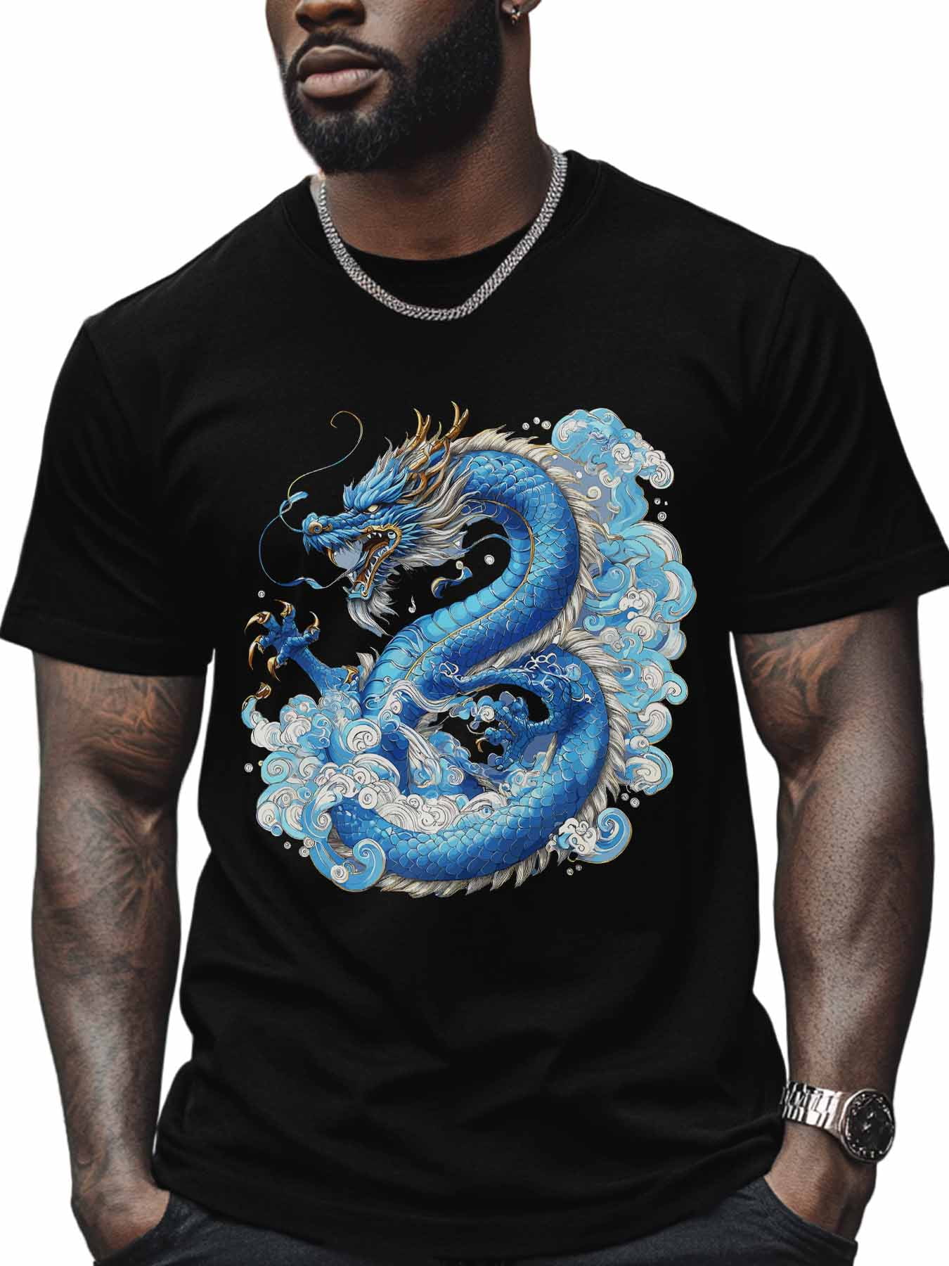 Blue Chinese Dragon Men's T Shirts Blue Dragon T-Shirt for Men Crew ...
