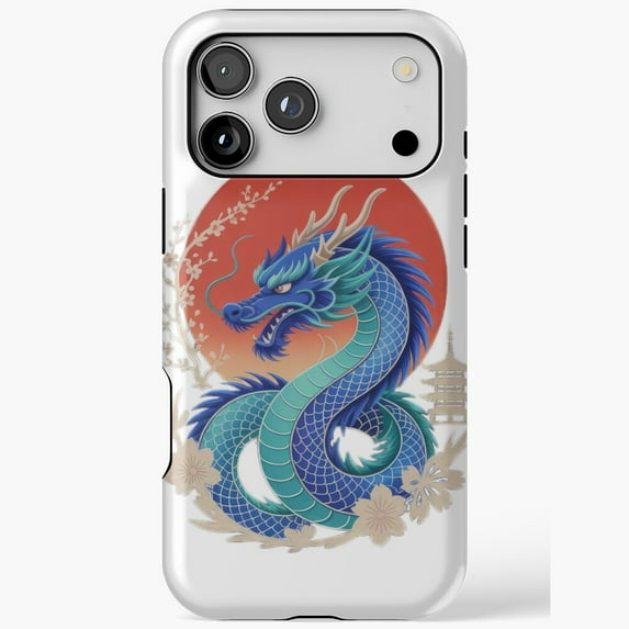 Blue Chinese Dragon With Sun Art iPhone Case 17 16 15 14 13 12 11 Pro ...