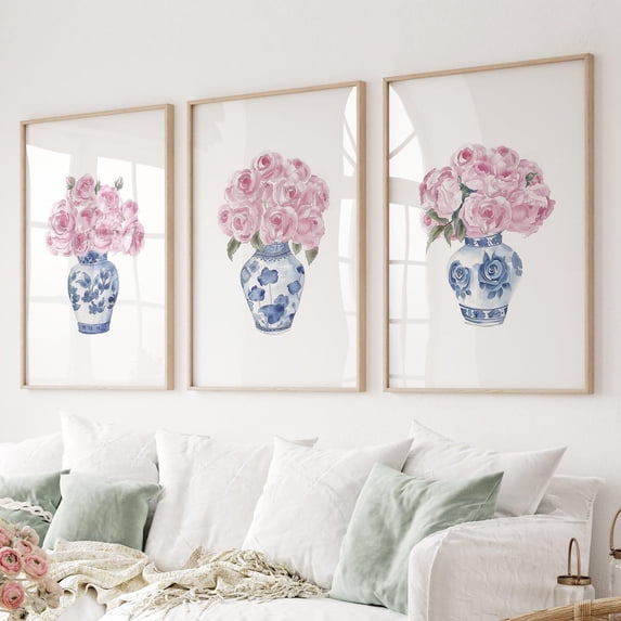 Blue Chinoiserie Art Print Set Roses & Porcelain Vase Prints Home Decor ...