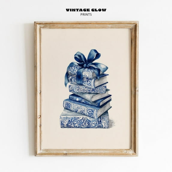 Blue Chinoiserie Bookshelf Art, Floral Library Wall Decor, Minimalist ...