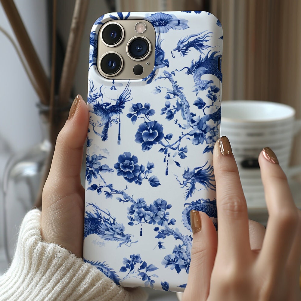 Blue Chinoiserie Dragon French Toile De Jouy Floral Phone Case with ...