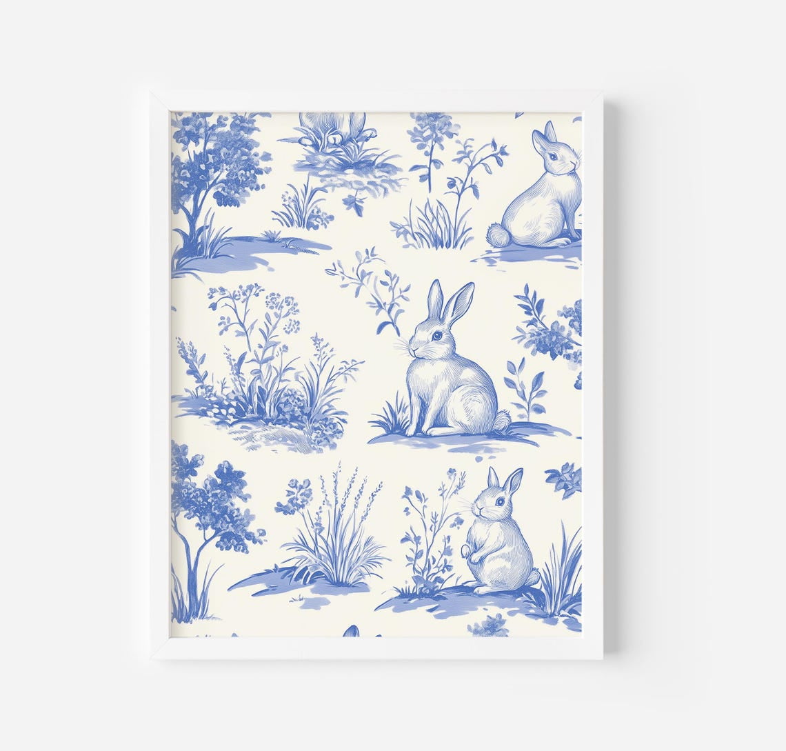 Blue Chinoiserie Easter Bunny Print: Toile De Jouy Grandmillennial ...
