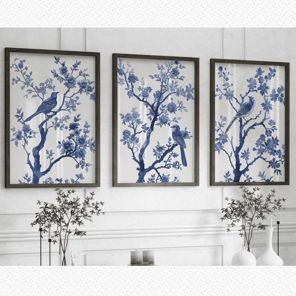 Blue Chinoiserie Floral Bird Poster Set 3 Prints Set 3, Poster Only ...