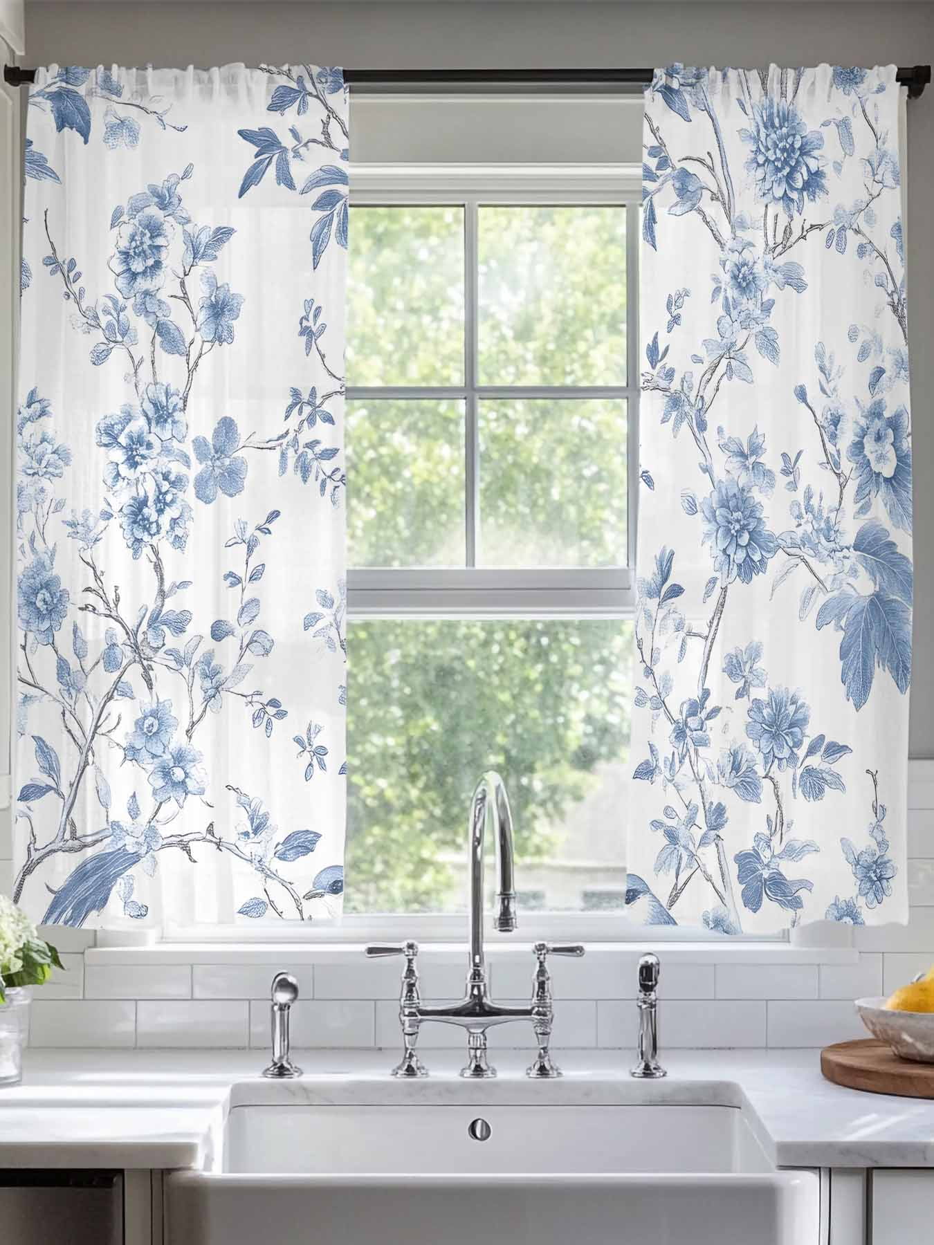 Blue Chinoiserie Floral Chiffon Sheer Curtains 72 Inches Long Bird ...