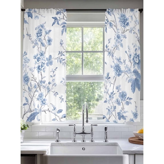 Blue Chinoiserie Floral Chiffon Sheer Curtains 72 Inches Long Bird ...