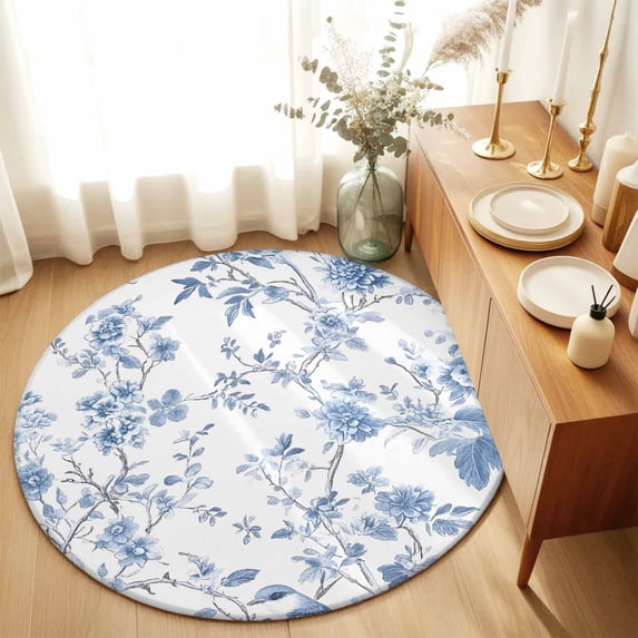 Blue Chinoiserie Floral Round Rug 3ft Bird Seamless Pattern Design ...
