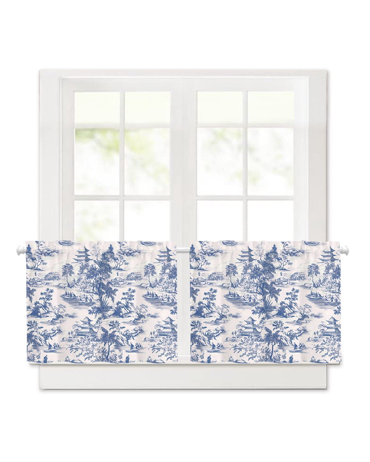 Blue Chinoiserie Garden Pavilion Short Blackout Curtains 24 Inch Long ...