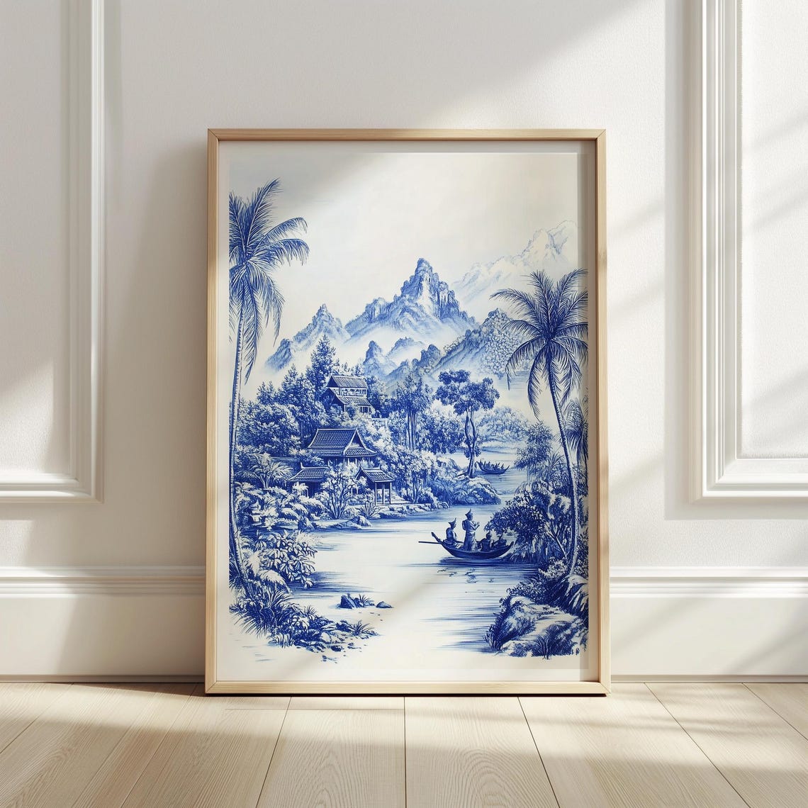 Blue Chinoiserie Japanese Village Wall Art Print Poster Decor, Unframed ...