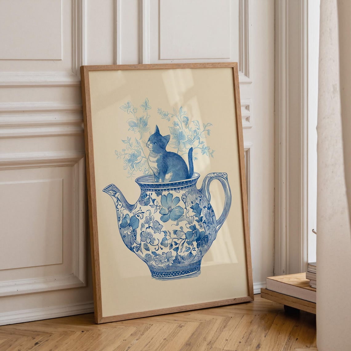 Blue Chinoiserie Kitten Teapot Floral Cottagecore Animal Poster ...