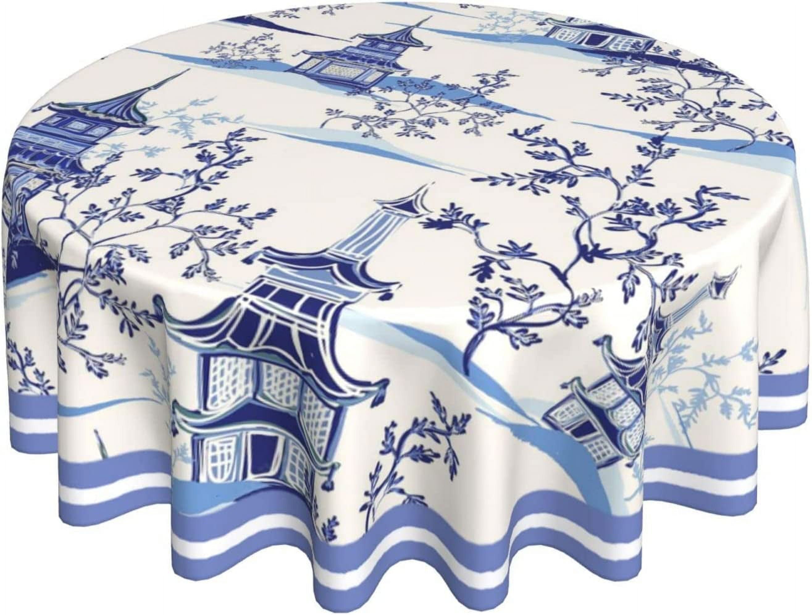 Blue Chinoiserie Temple Tablecloth Round Oriental Style Chinese Blue ...