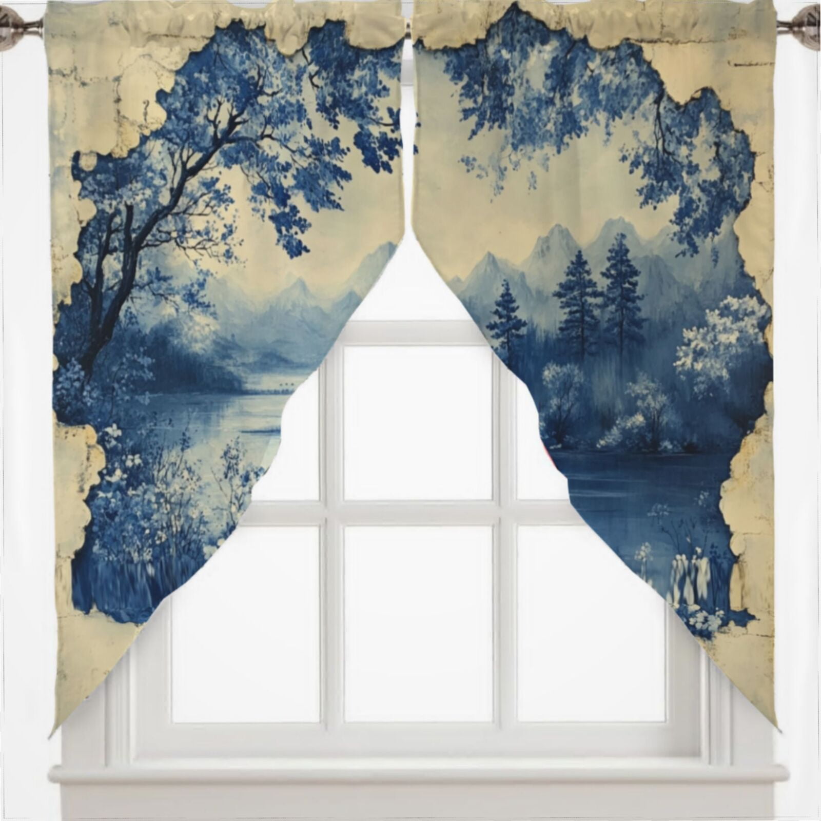 Blue Chinoiserie Toile (2) Swag Valances For Windows 2 Pack For Kitchen ...