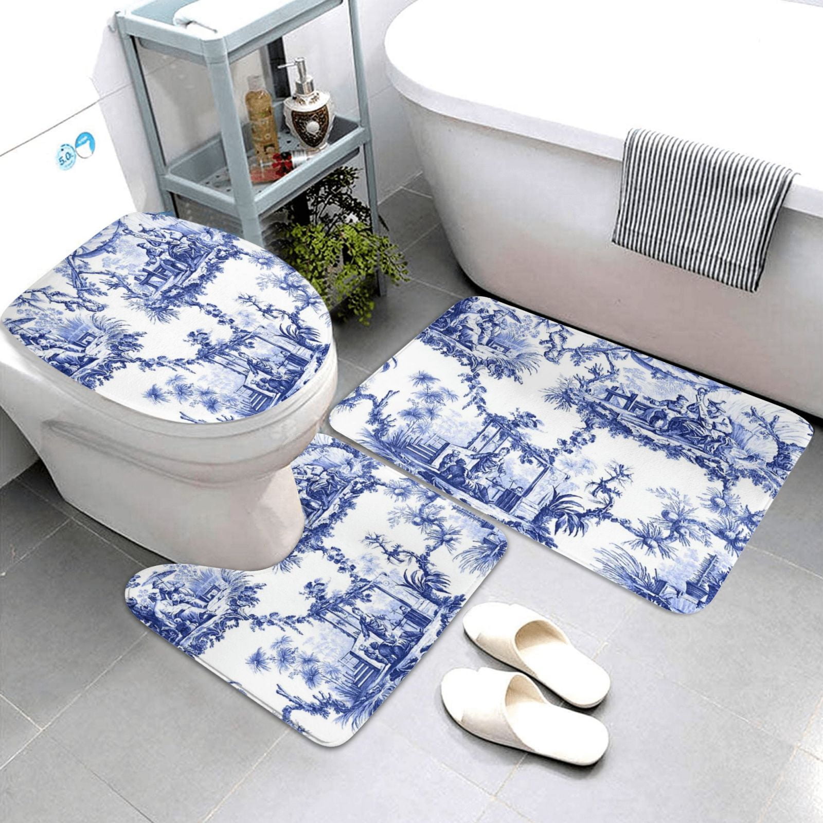 Blue Chinoiserie Toile Bath Mat Set 3 Piece Non Slip Rug Toilet Lid ...