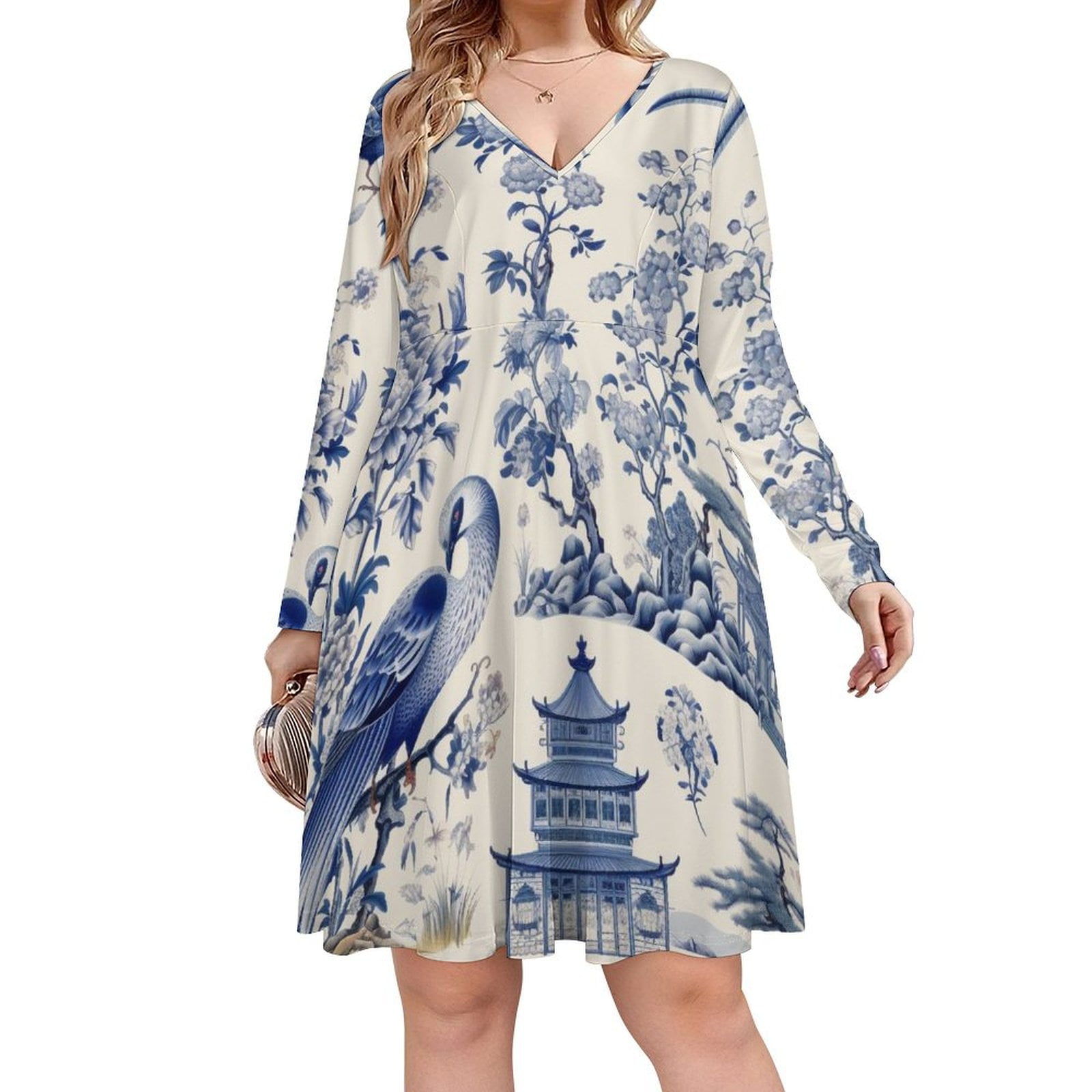 Blue Chinoiserie Toile Beautiful Bird Long Sleeve Dresses For Women ...