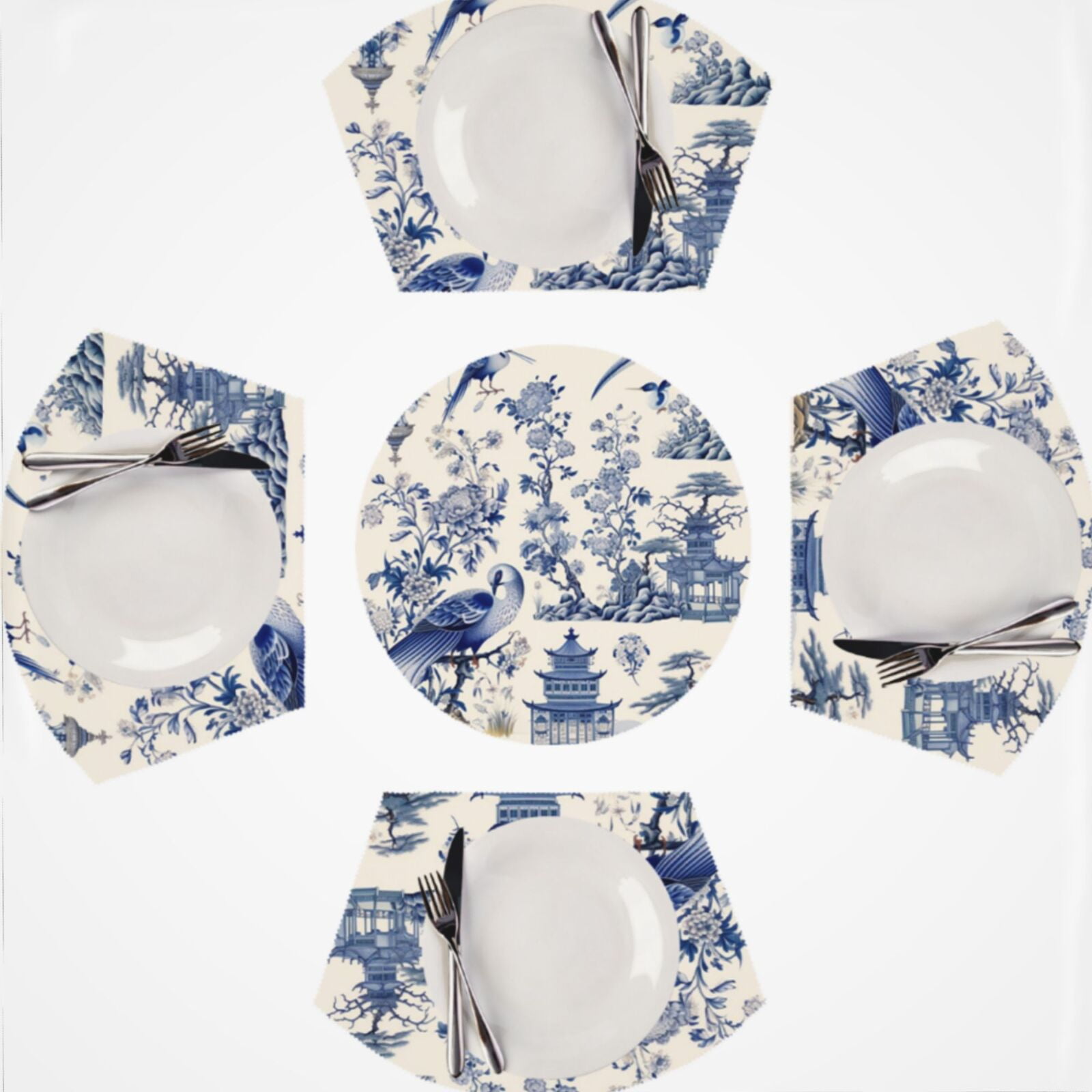 Blue Chinoiserie Toile Beautiful Bird Round Table Placemats Set Of 5 ...