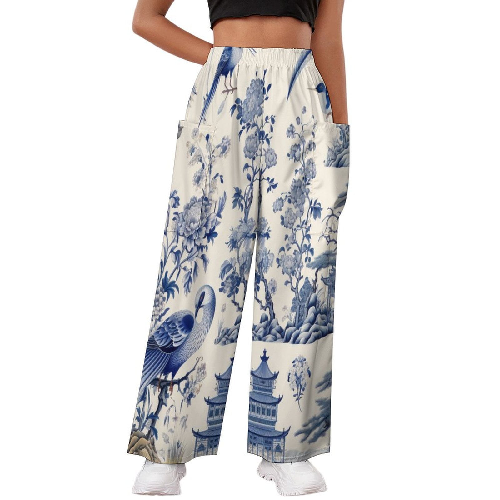 Blue Chinoiserie Toile Beautiful Bird Straight Leg Trousers for Women ...