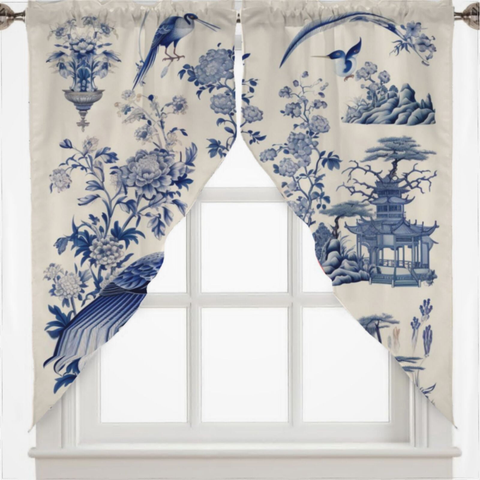 Blue Chinoiserie Toile Beautiful Bird Swag Valances For Windows 2 Pack ...