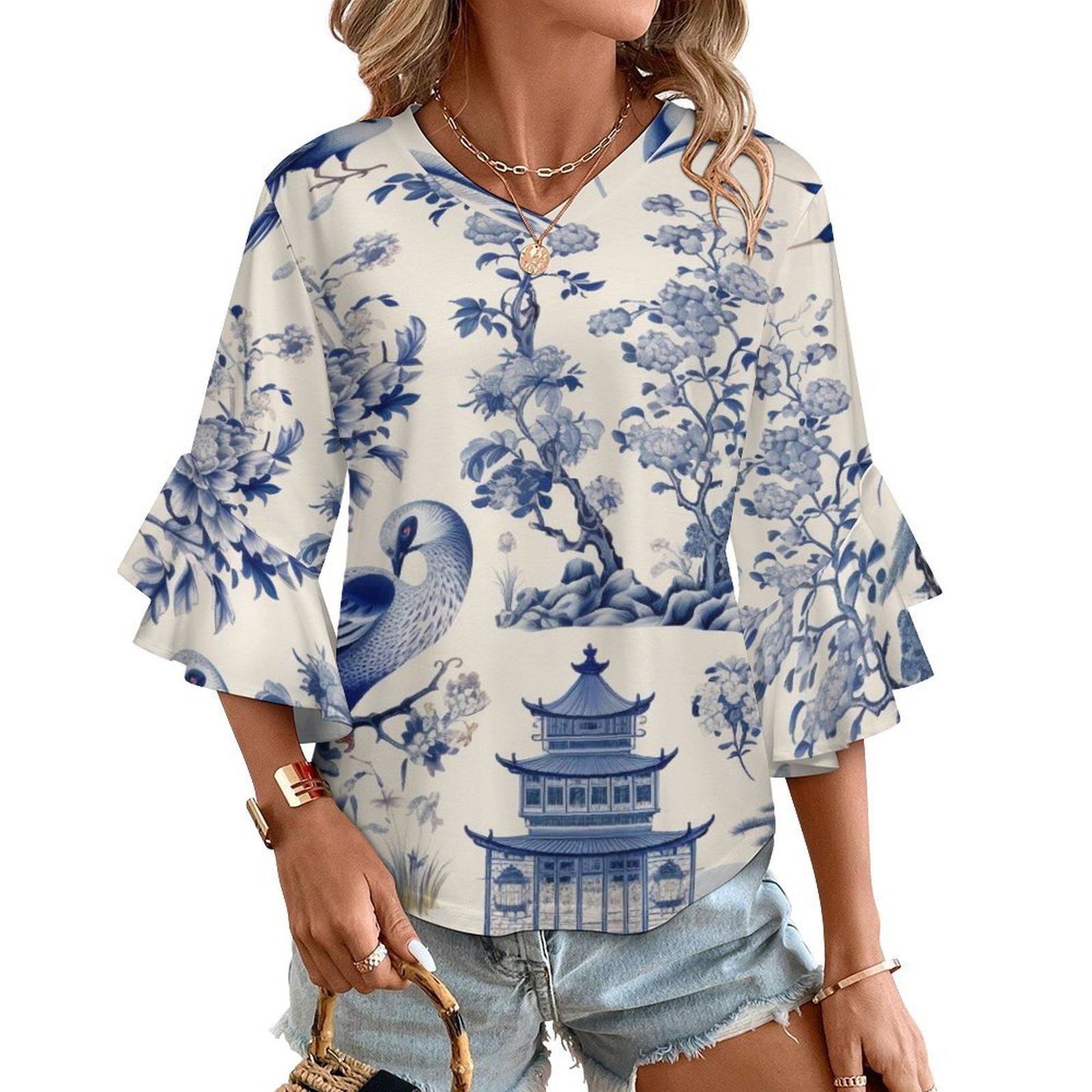 Blue Chinoiserie Toile Beautiful Bird Women's V-Neck Blouse With 3/4 ...