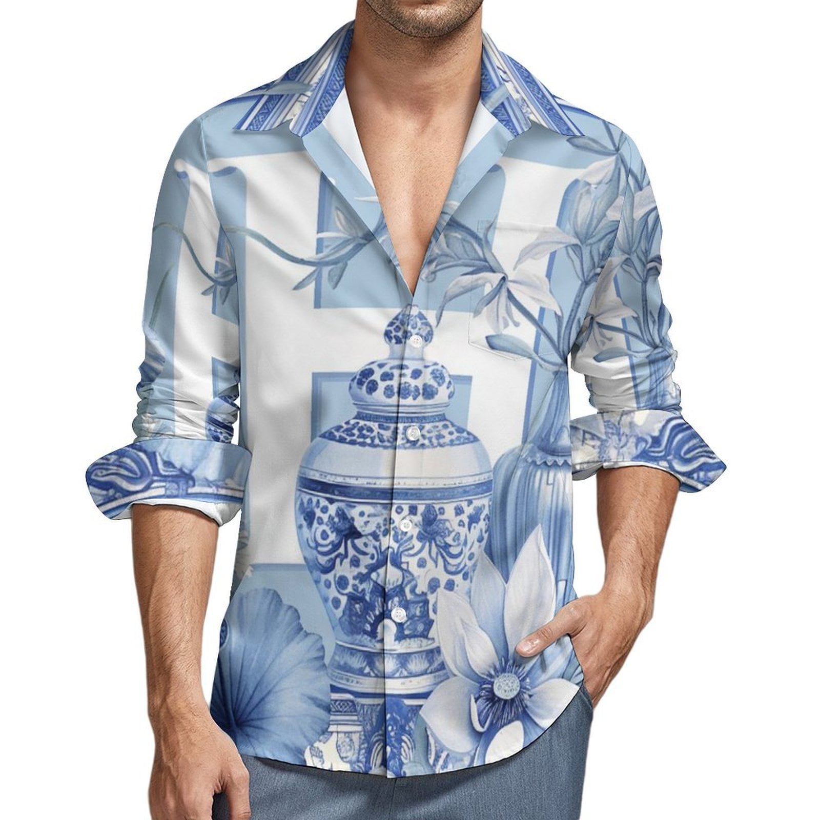 Blue Chinoiserie Toile Blue Chinoiserie Toile Hawaiian Shirt for Men ...