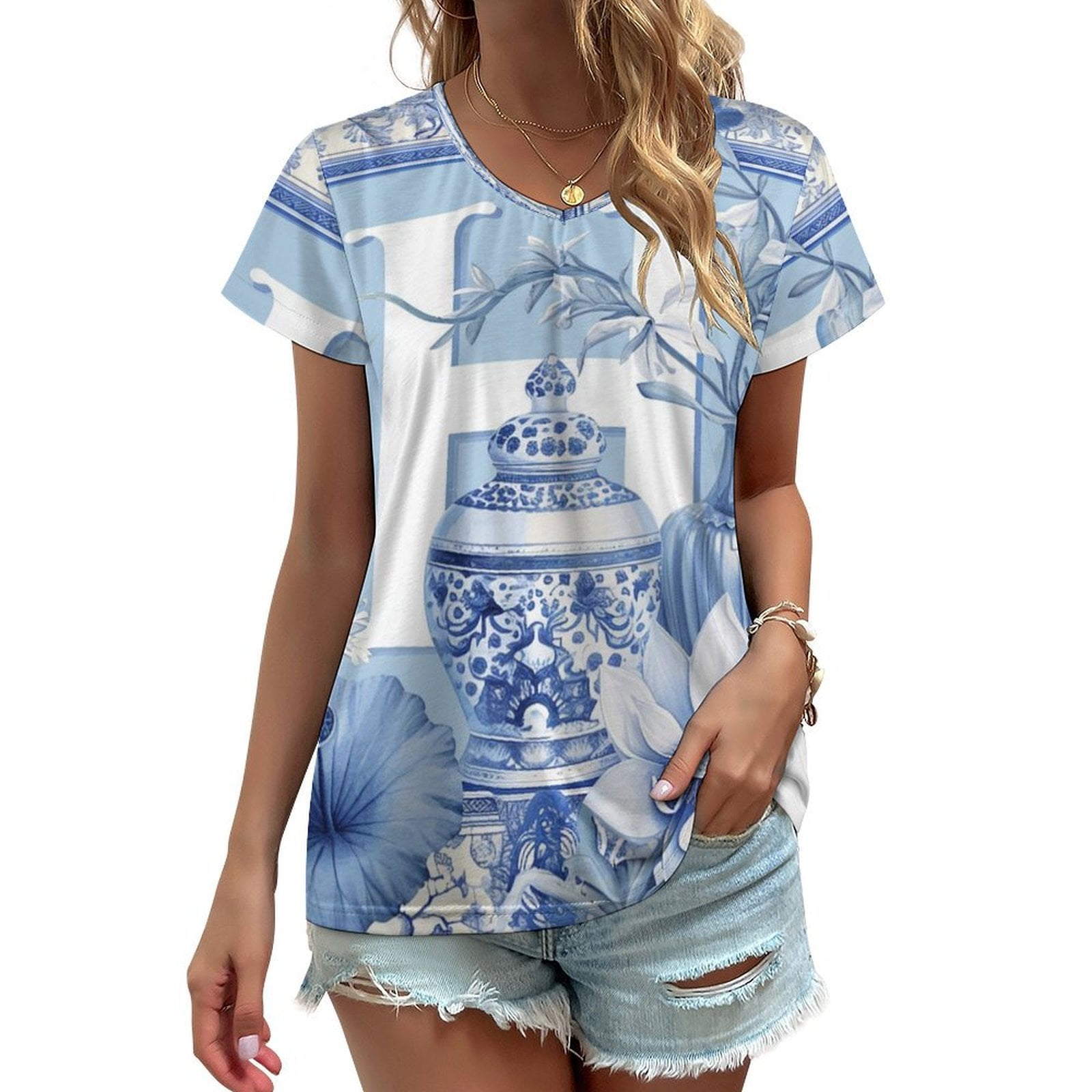 Blue Chinoiserie Toile Blue Chinoiserie Toile Women's Blouse Short ...