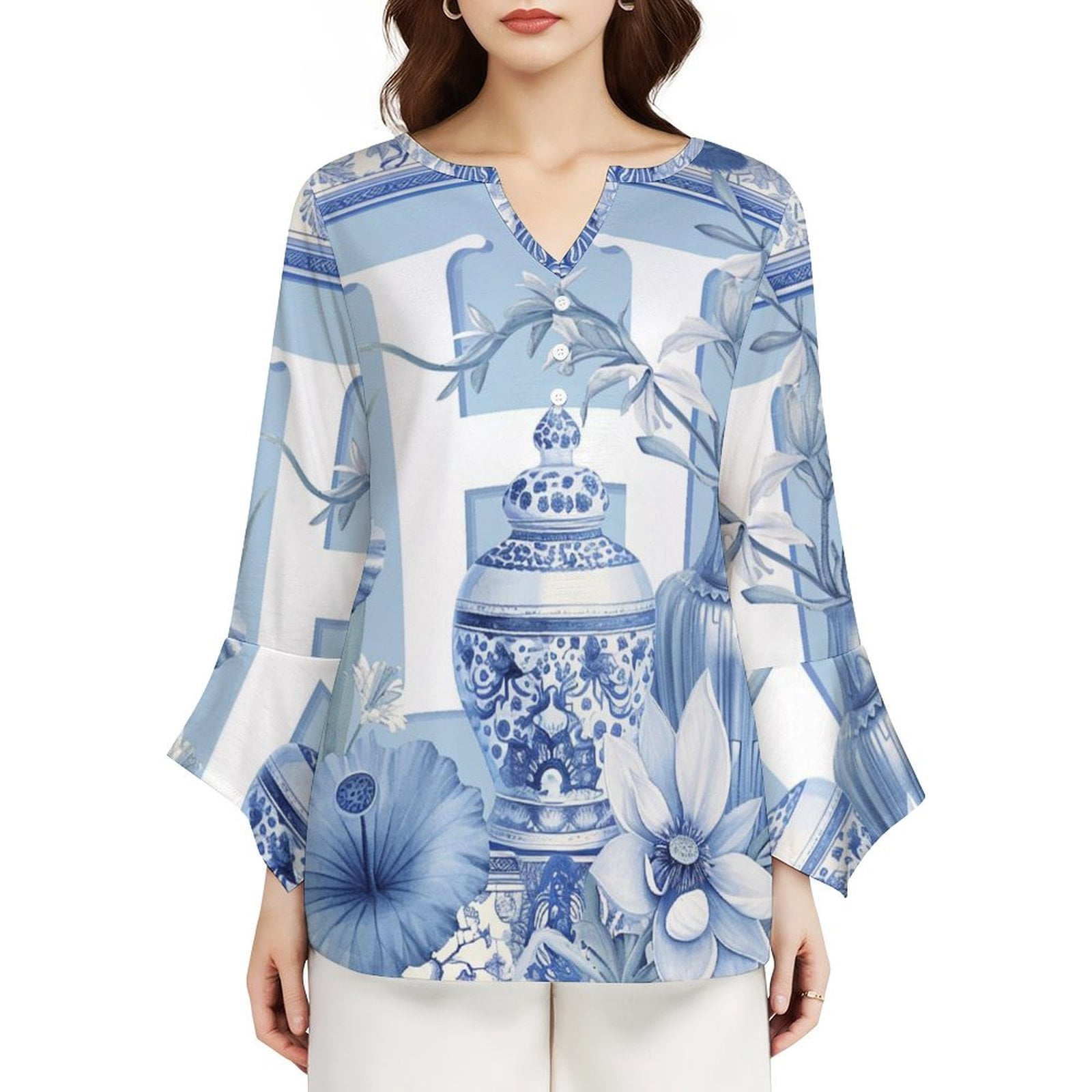 Blue Chinoiserie Toile Blue Chinoiserie Toile Women's Long Sleeve Loose ...