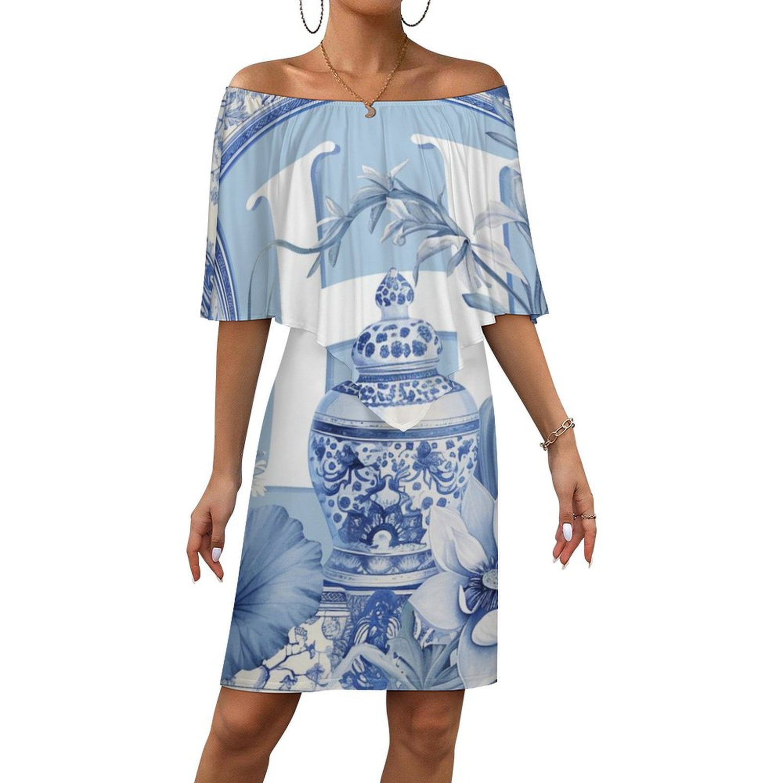 Blue Chinoiserie Toile Blue Chinoiserie Toile Women's Off The Shoulder ...