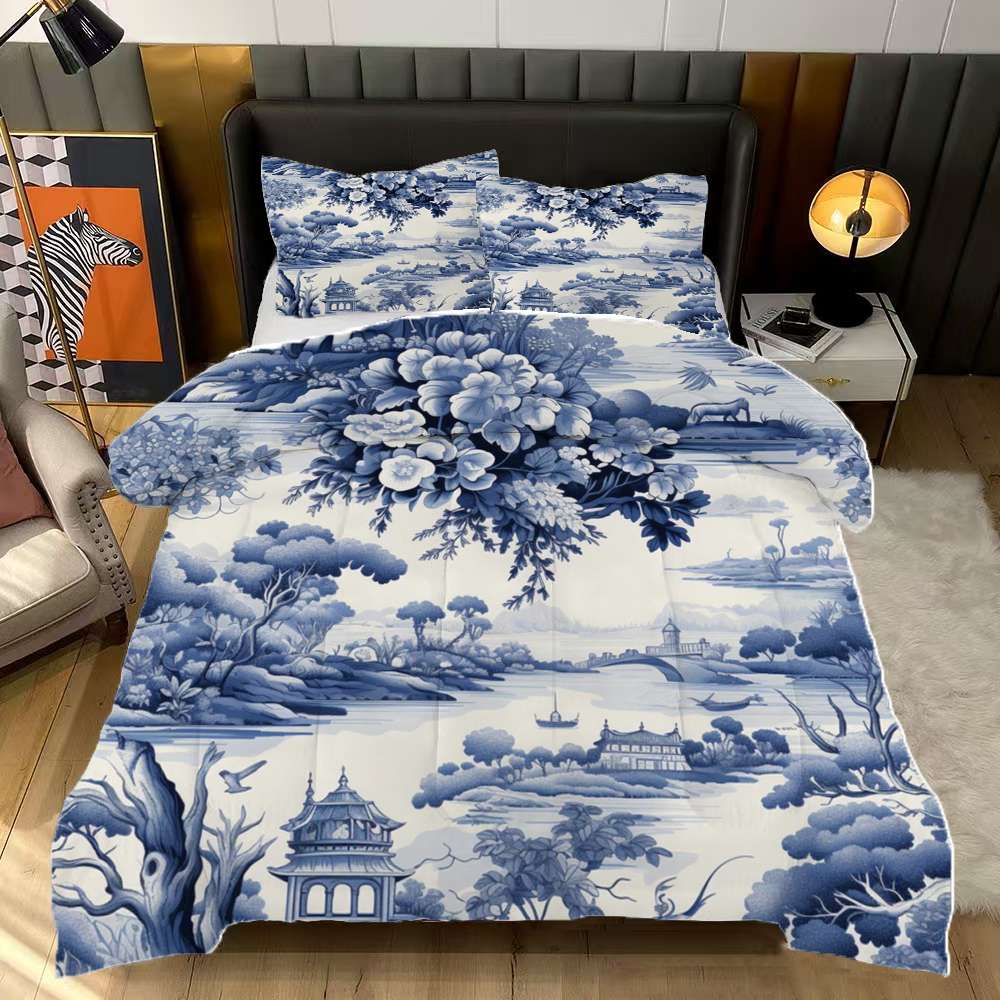 Blue Chinoiserie Toile Bridge Comforter Set Queen Size Bedding Set For ...