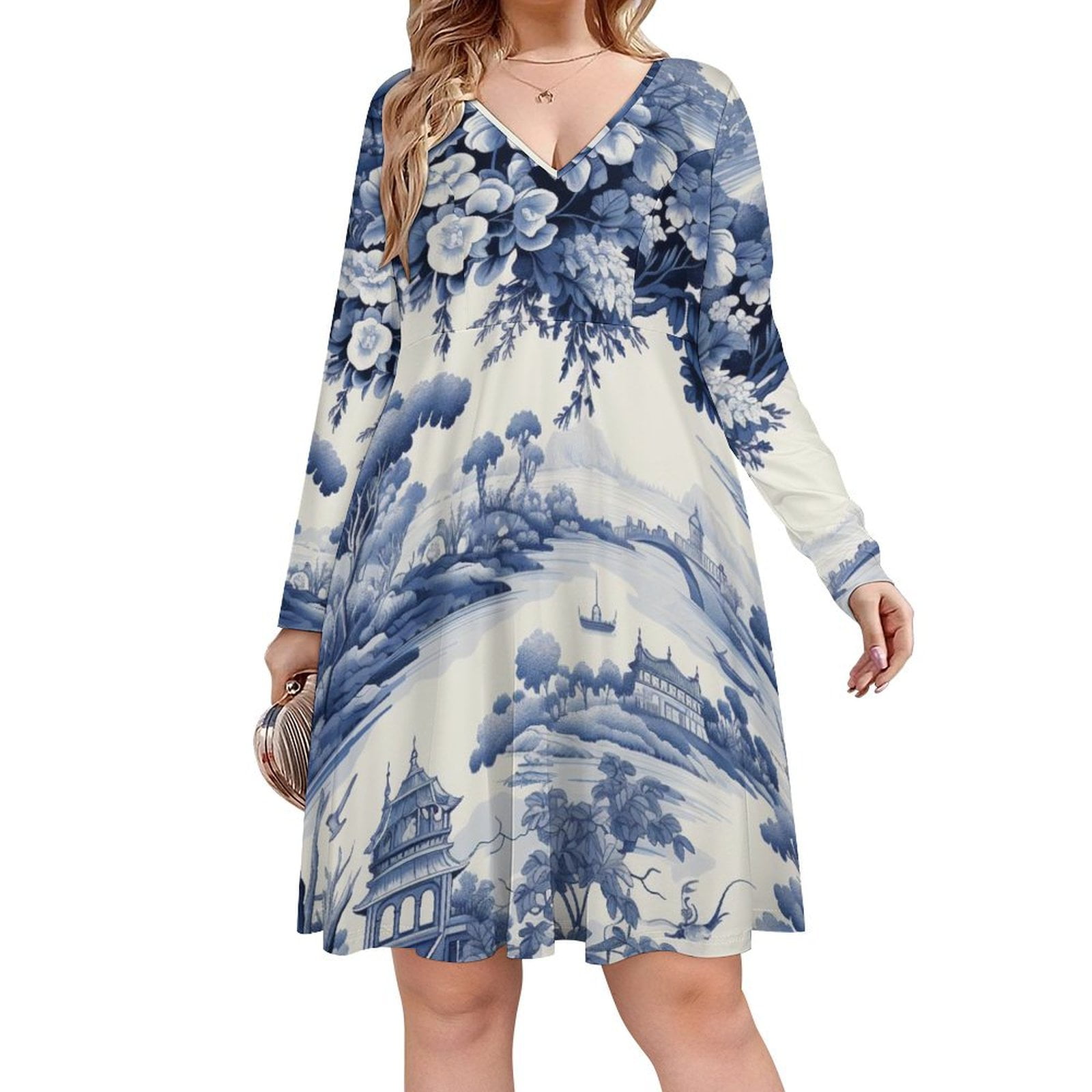 Blue Chinoiserie Toile Bridge Long Sleeve Dresses For Women Vintage ...