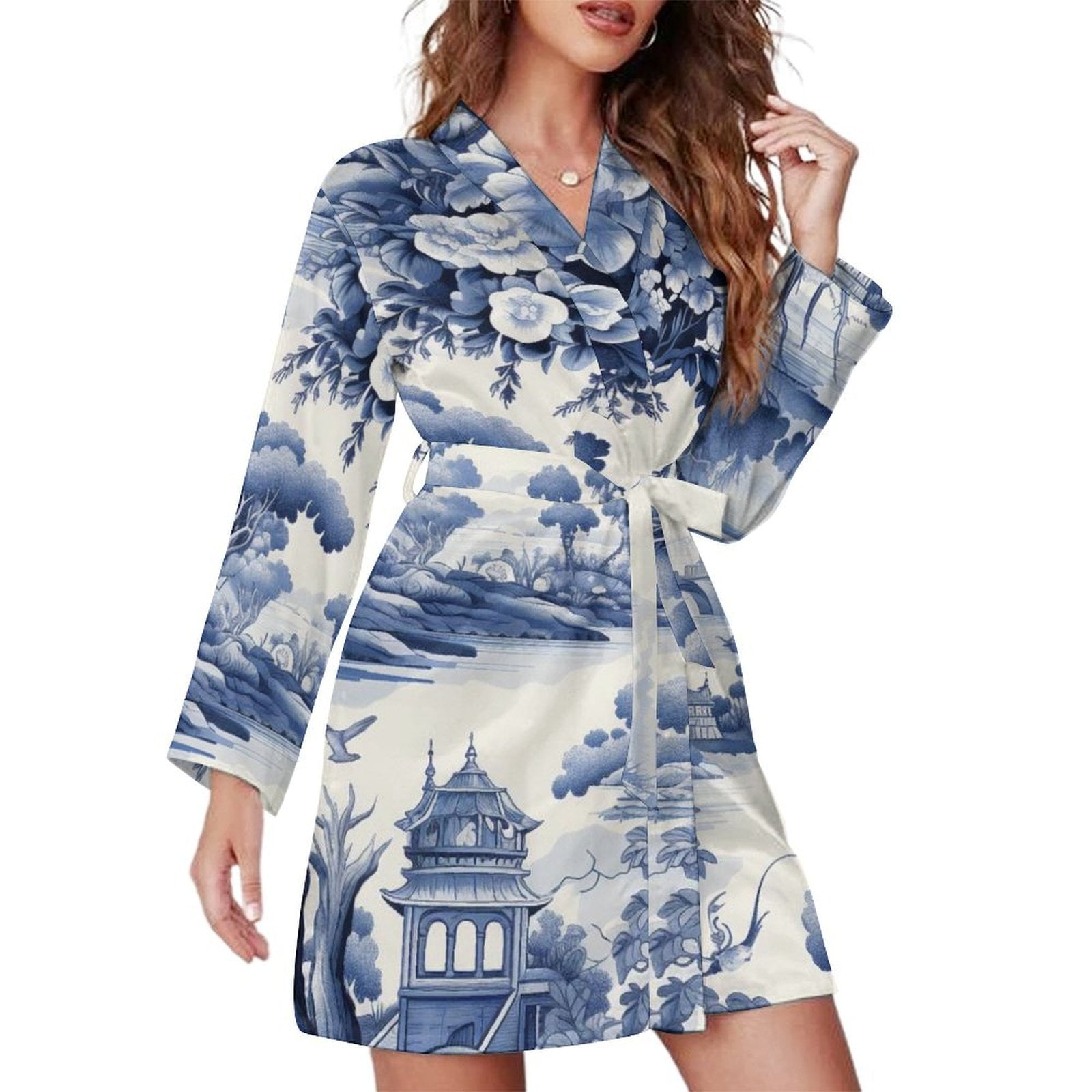 Blue Chinoiserie Toile Bridge Night Robe Long Sleeve V Neck Robe With ...
