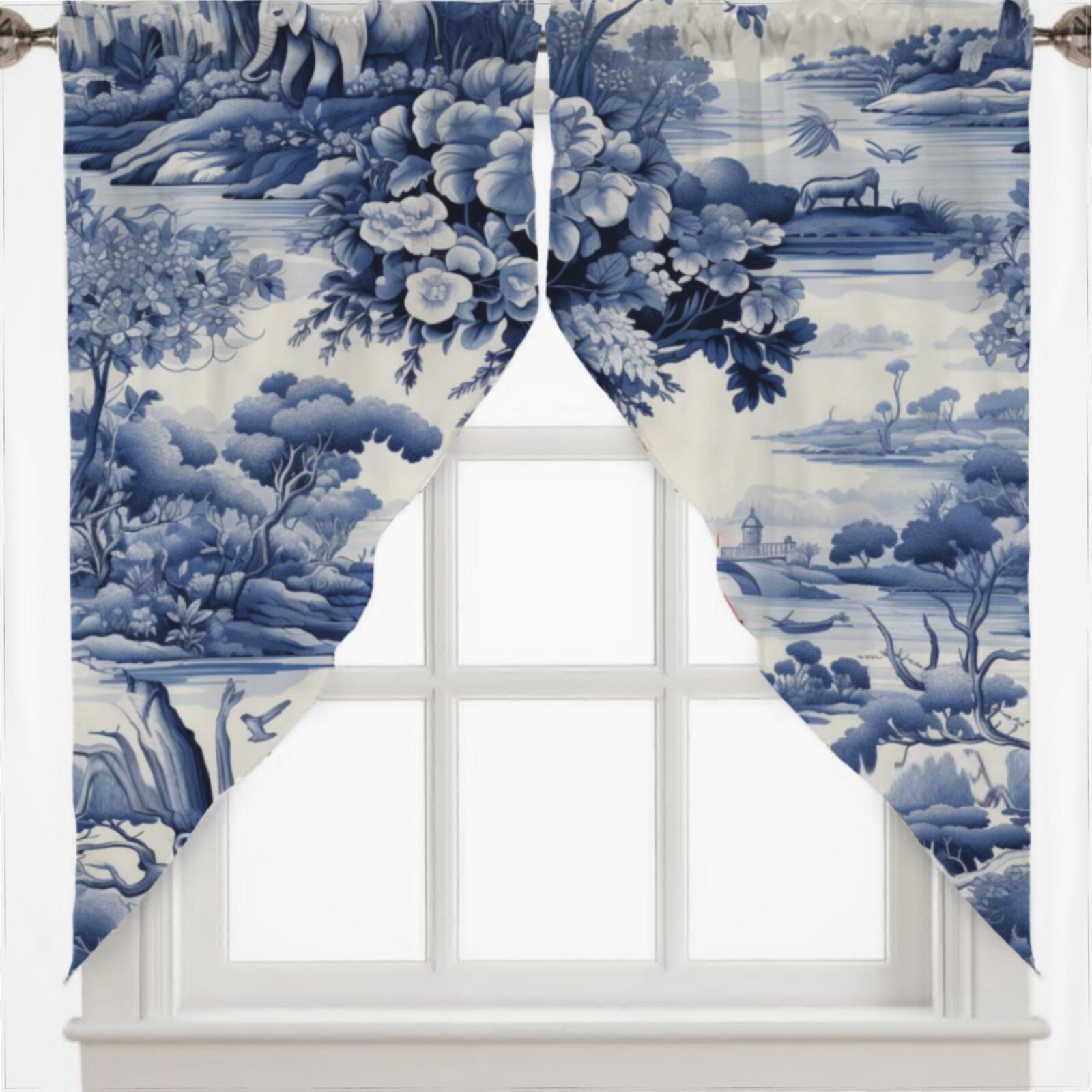 Blue Chinoiserie Toile Bridge Swag Valances For Windows 2 Pack For ...