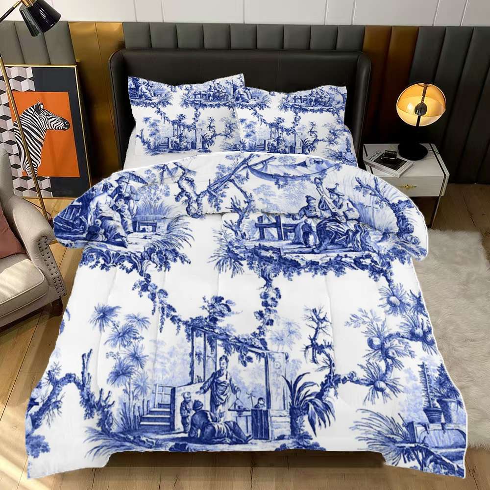 Blue Chinoiserie Toile Comforter Set Twin Size Bedding Set For Travl ...