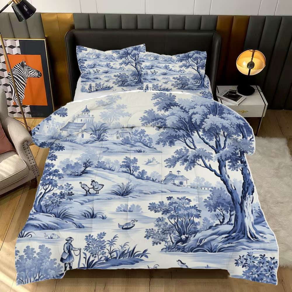 Blue Chinoiserie Toile Farming Comforter Set King Size Bedding Set For ...