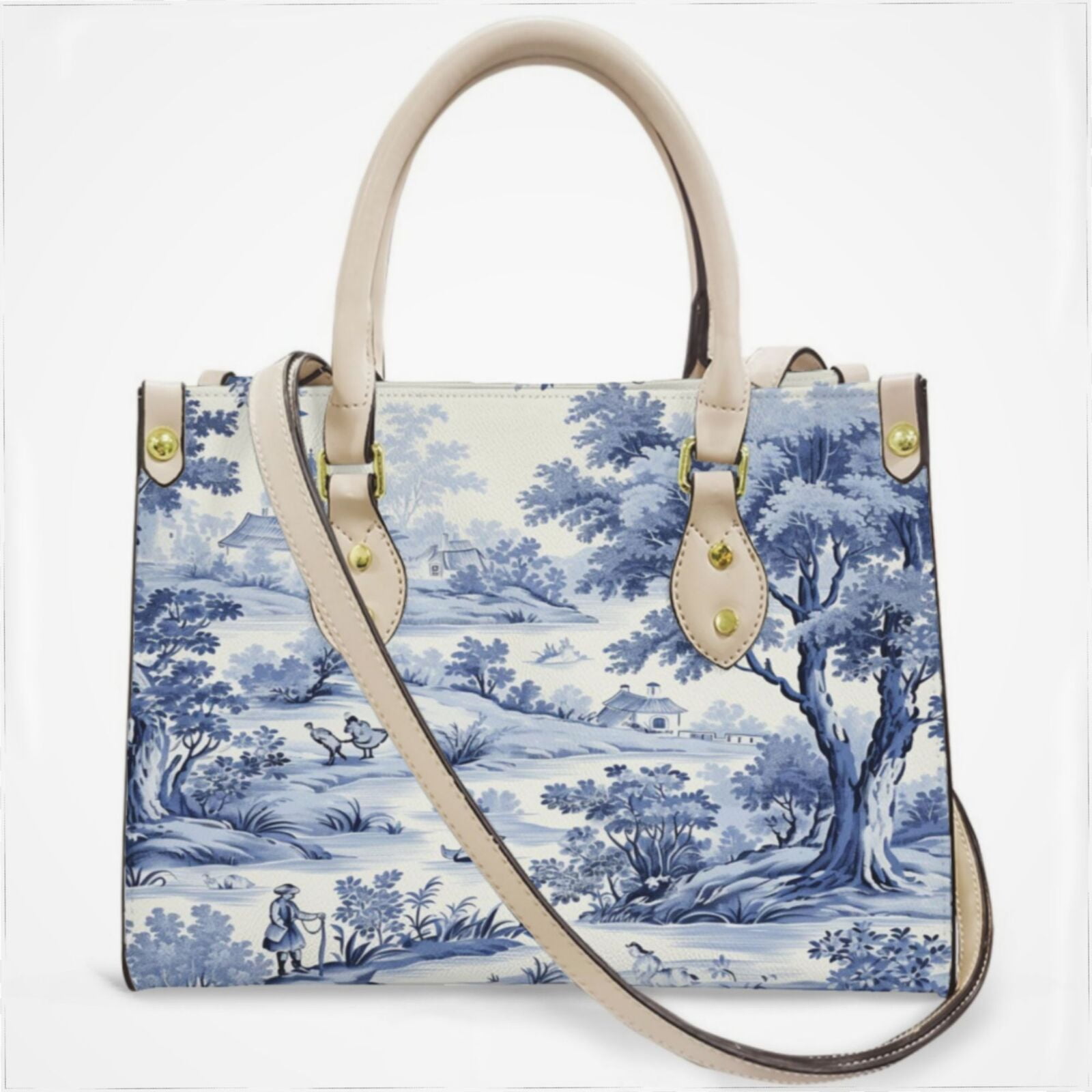 Blue Chinoiserie Toile Farming Cross Body Bags For Women Small Leather ...