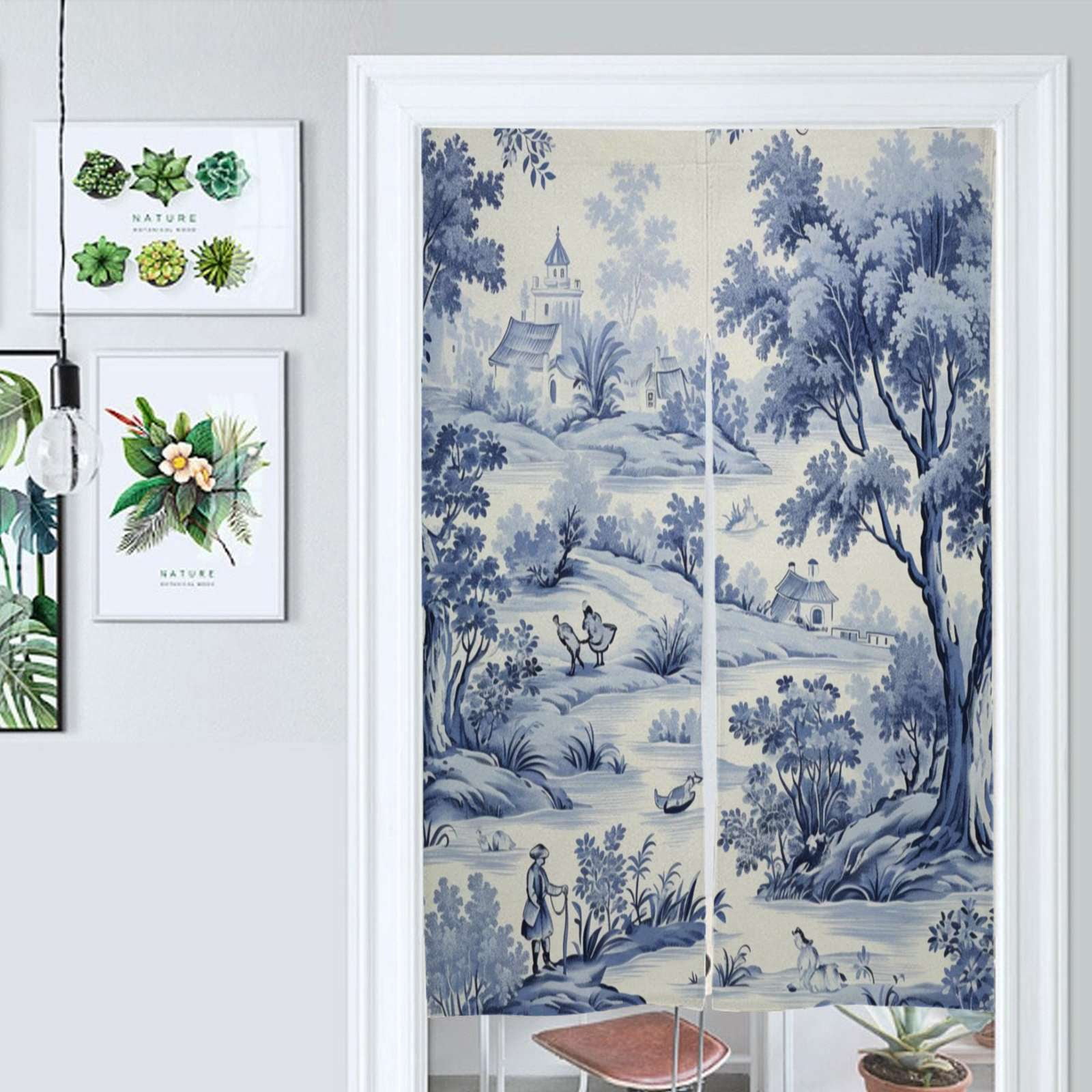 Blue Chinoiserie Toile Farming Door Curtain Nordic Living Room ...