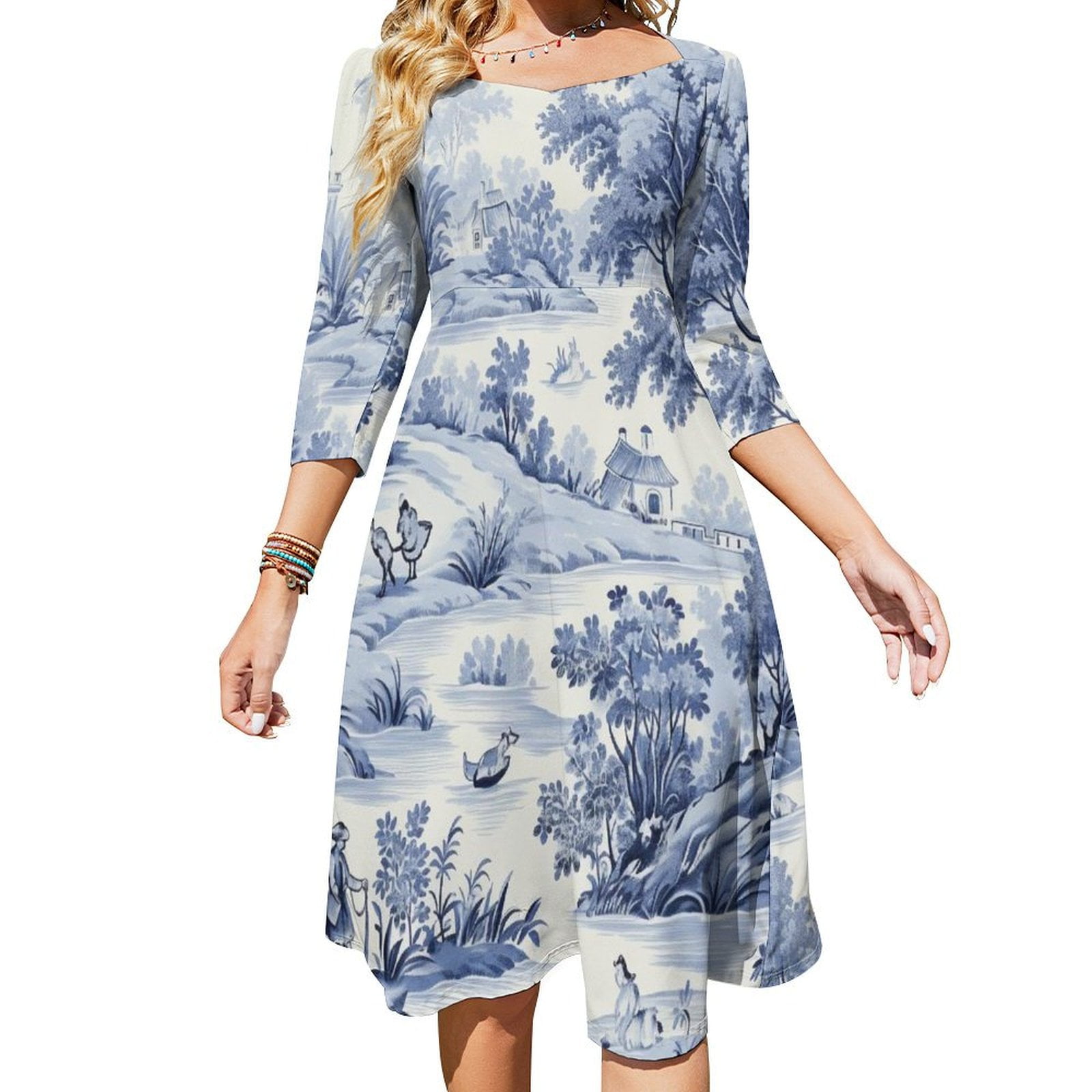 Blue Chinoiserie Toile Farming Dress Summer Dresses Woman Street Style ...