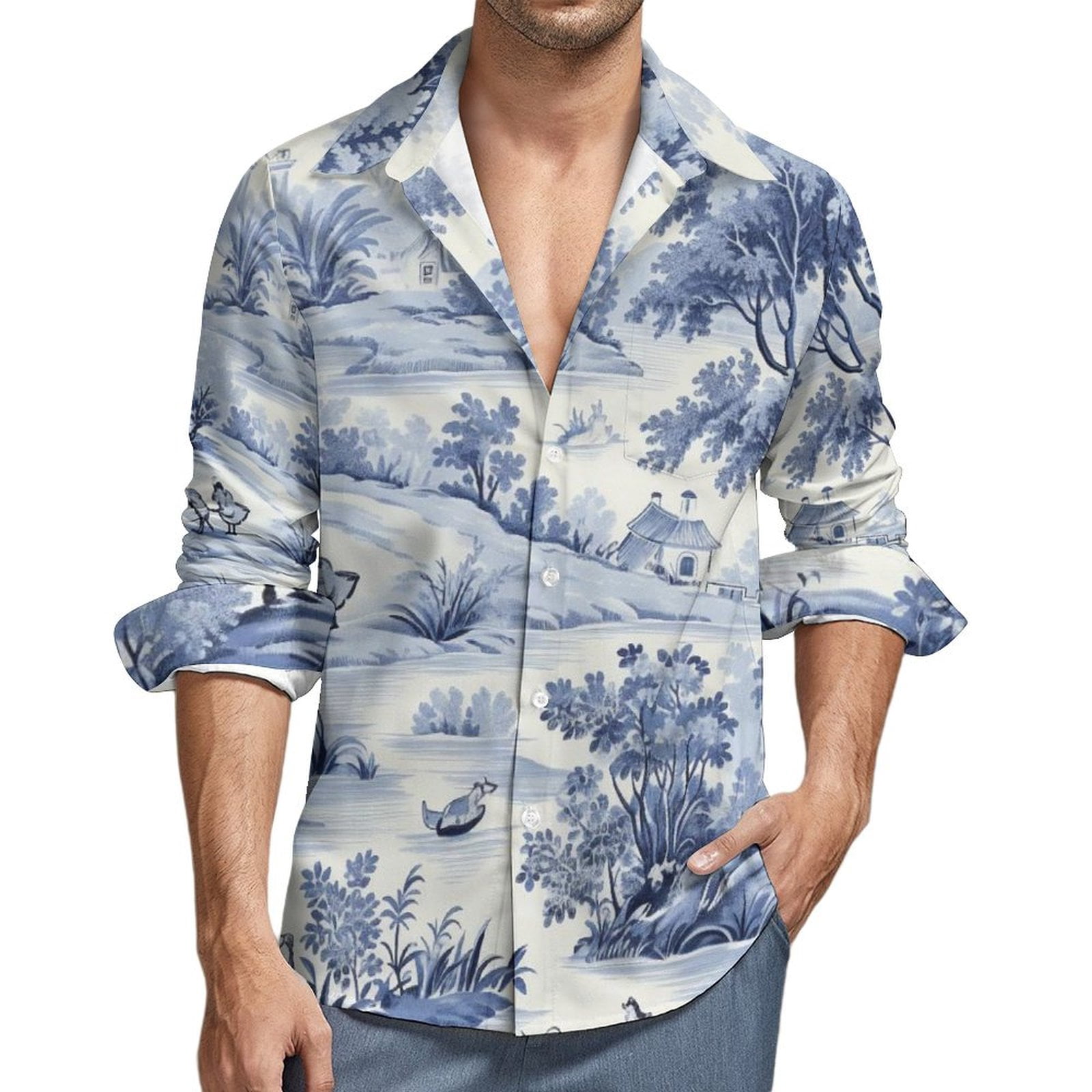 Blue Chinoiserie Toile Farming Hawaiian Shirt for Men Long Sleeve ...