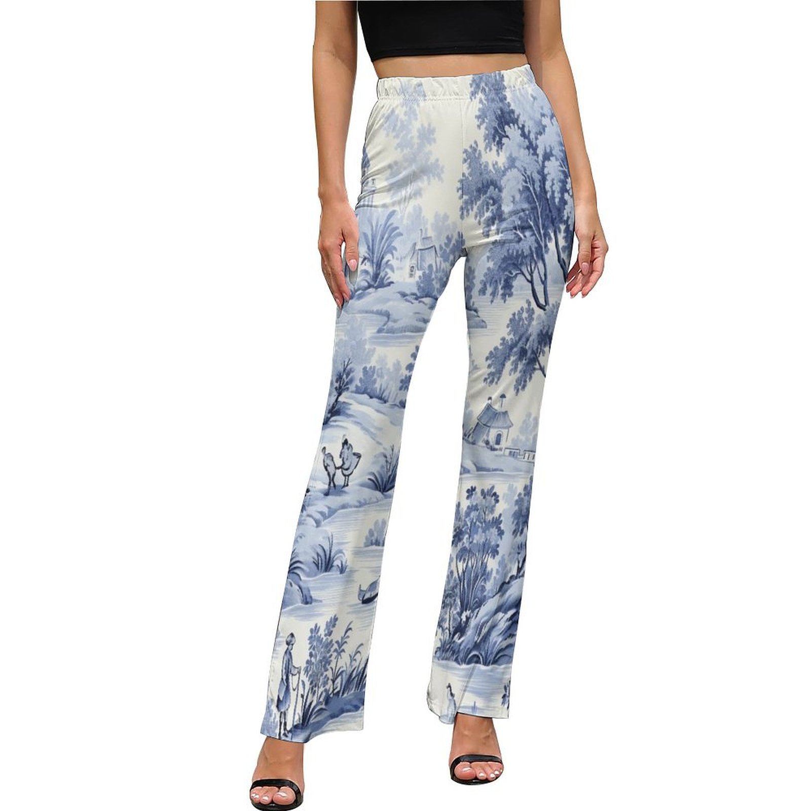 Blue Chinoiserie Toile Farming High Waisted Casual Flared Trousers ...
