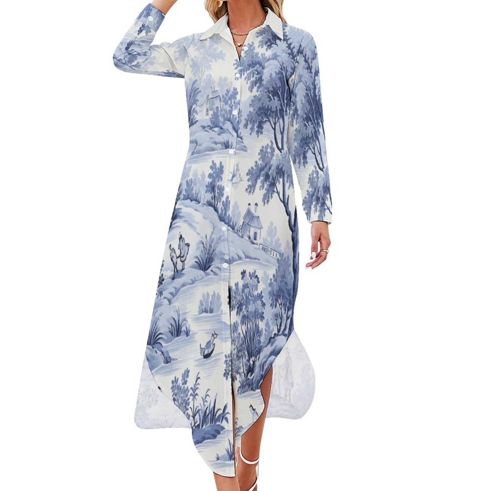 Blue Chinoiserie Toile Farming Shirt Dress Long Sleeve Street Fashion V ...
