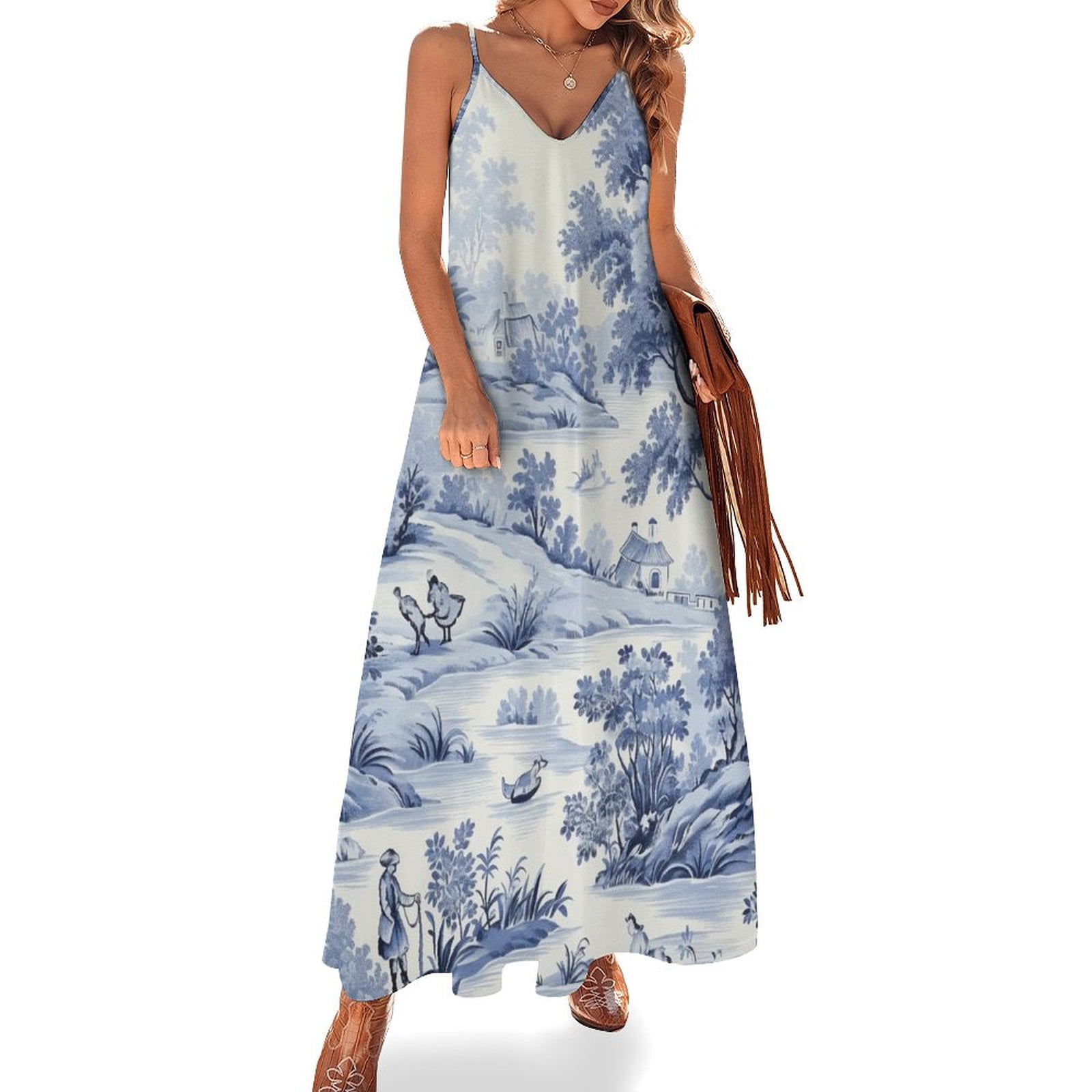 Blue Chinoiserie Toile Farming Sleeveless Dress Dresses Women Summer ...