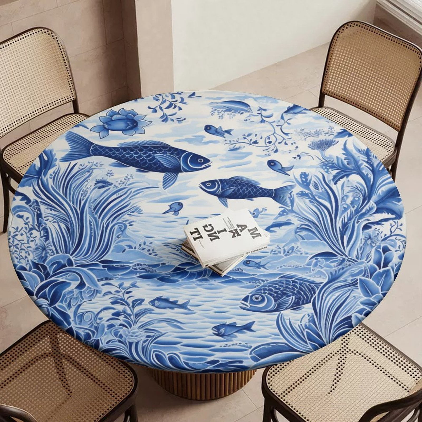 Blue Chinoiserie Toile Fish Round Table Cover Kitchen Printed ...