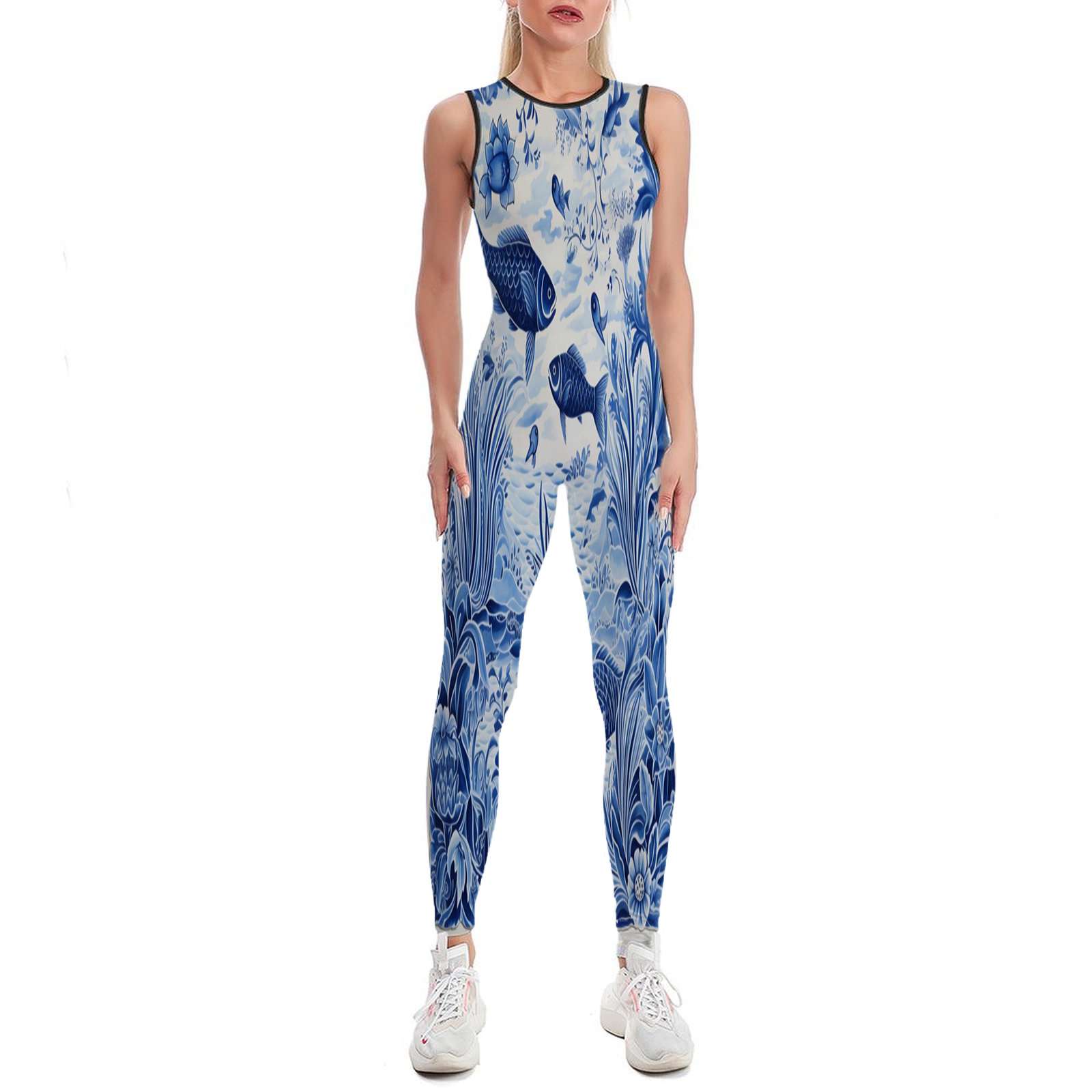 Blue Chinoiserie Toile Fish Women's One Piece Yoga Jumpsuits Leggings ...