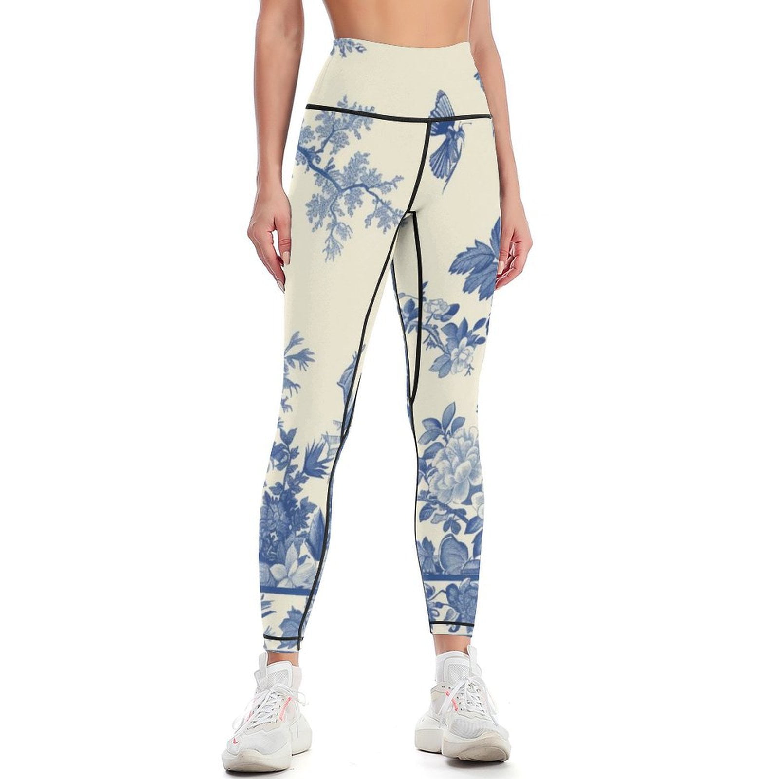 Blue Chinoiserie Toile Flowers Butterfly Bird Leggings Pants Sport ...