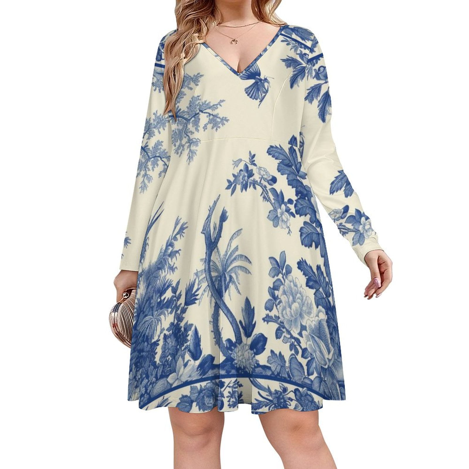 Blue Chinoiserie Toile Flowers Butterfly Bird Long Sleeve Dresses For ...