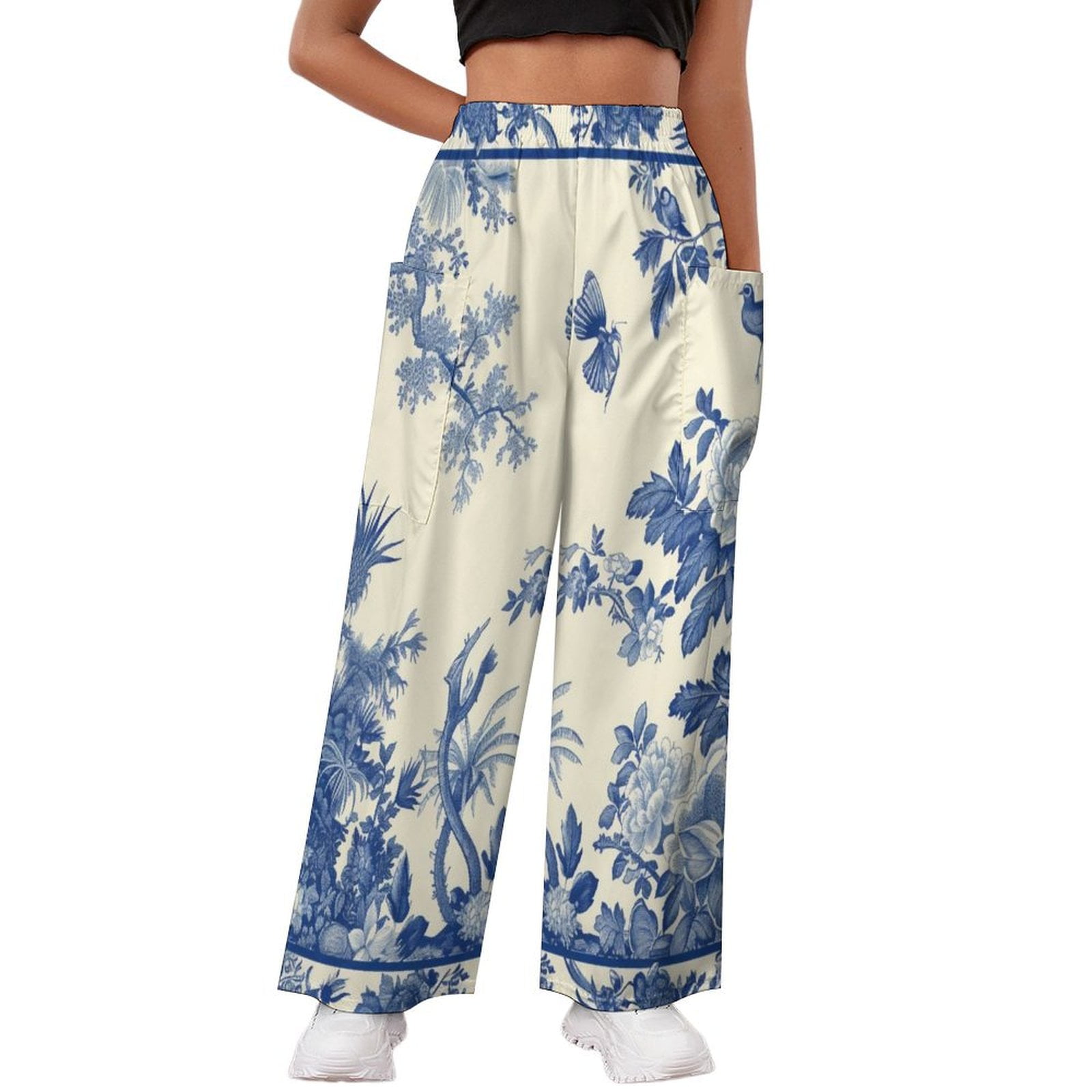 Blue Chinoiserie Toile Flowers Butterfly Bird Straight Leg Trousers for ...