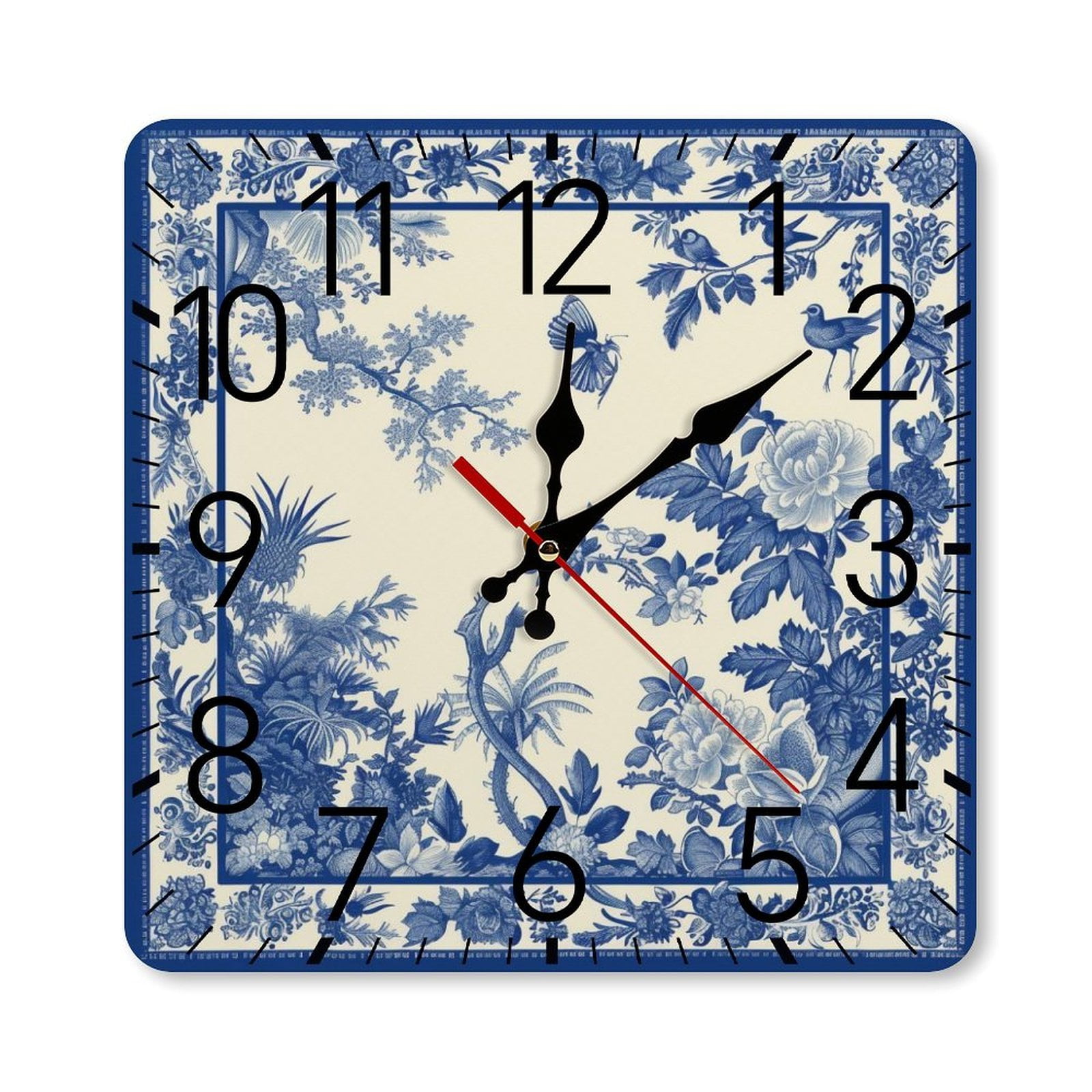 Blue Chinoiserie Toile Flowers Butterfly Bird Wall Clock Silent Non ...