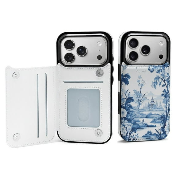 Blue Chinoiserie Toile Flowers Leather Wallet Case for iPhone 16 Pro ...