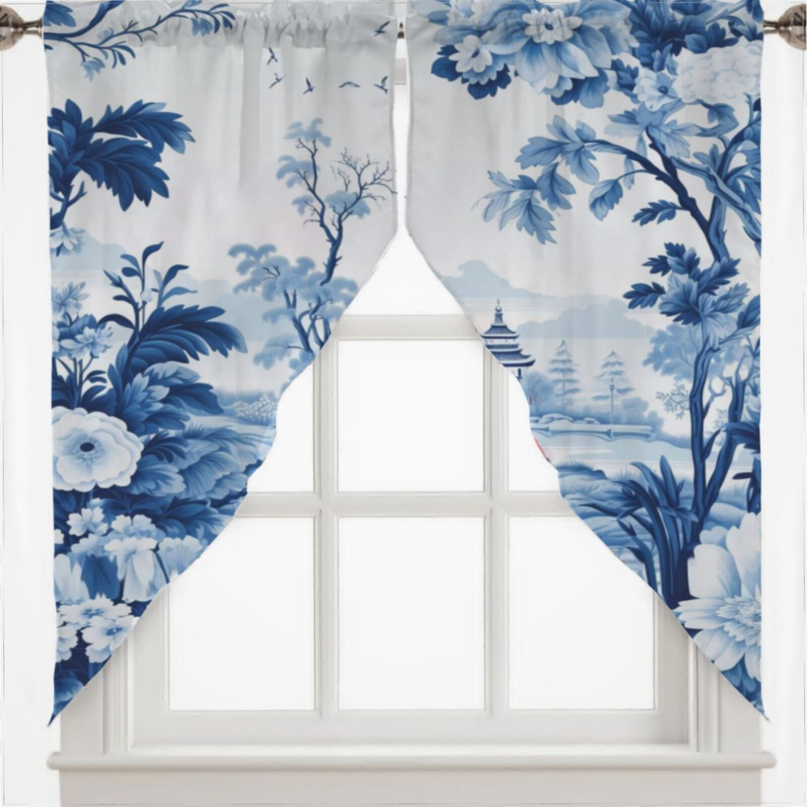 Blue Chinoiserie Toile Flowers Swag Valances For Windows 2 Pack For ...