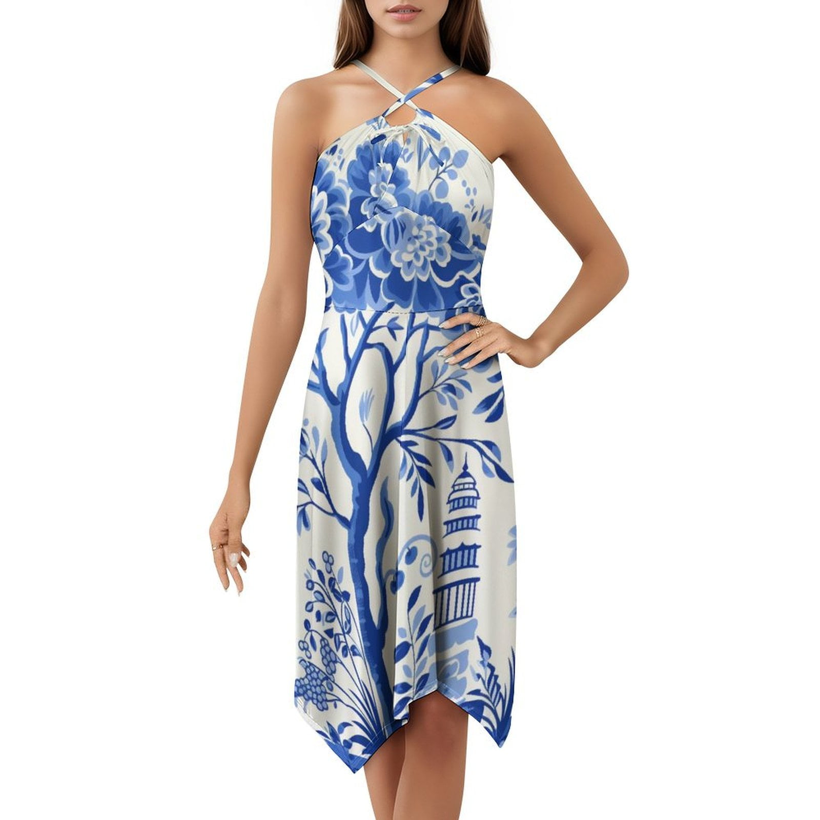 Blue Chinoiserie Toile Flowers Tree Birds Dress Elegant Party Dresses ...