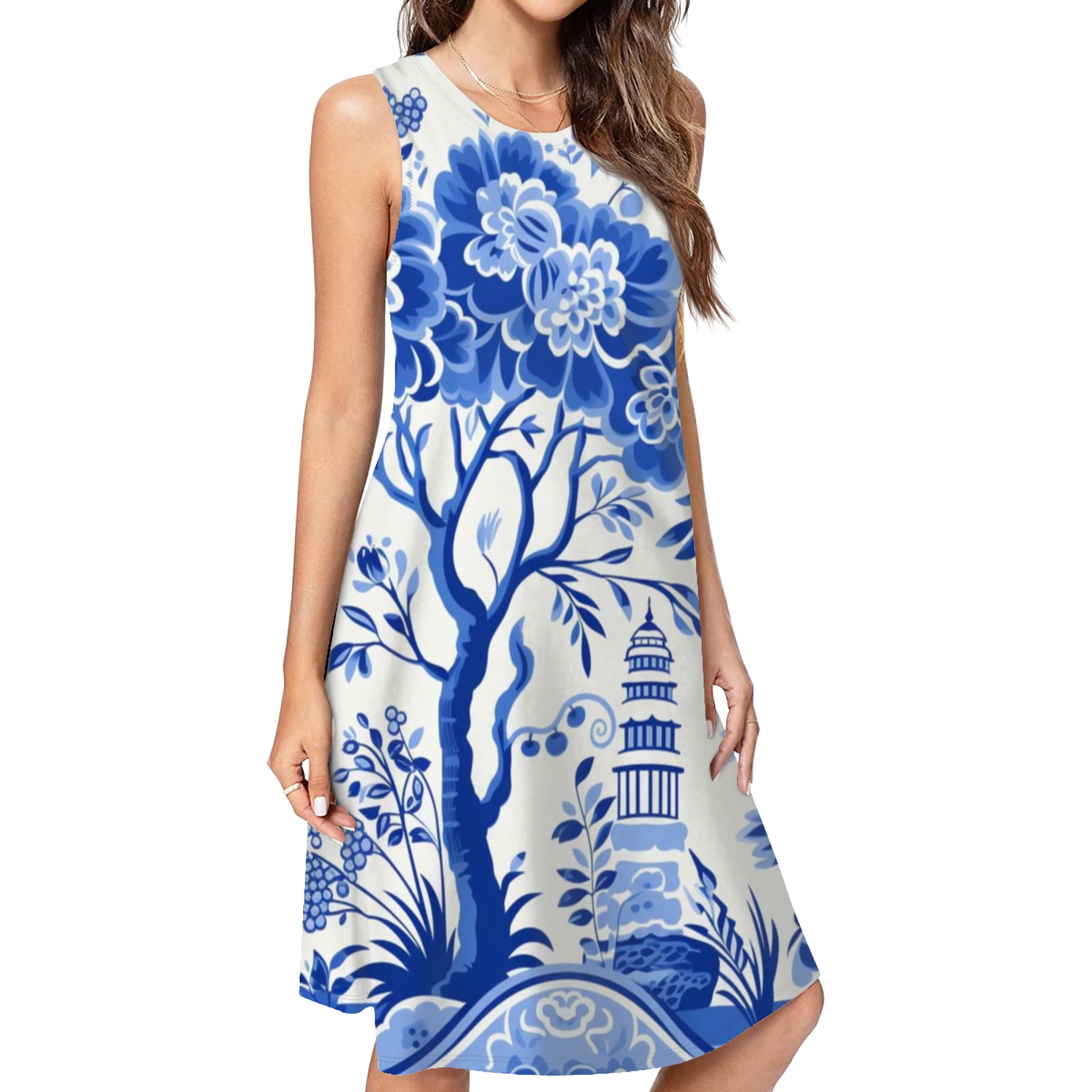 Blue Chinoiserie Toile Flowers Tree Birds Dress Loose Women'S Dress ...