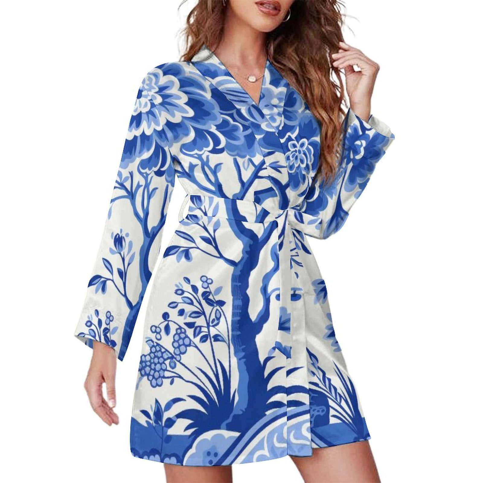 Blue Chinoiserie Toile Flowers Tree Birds Night Robe Long Sleeve V Neck ...